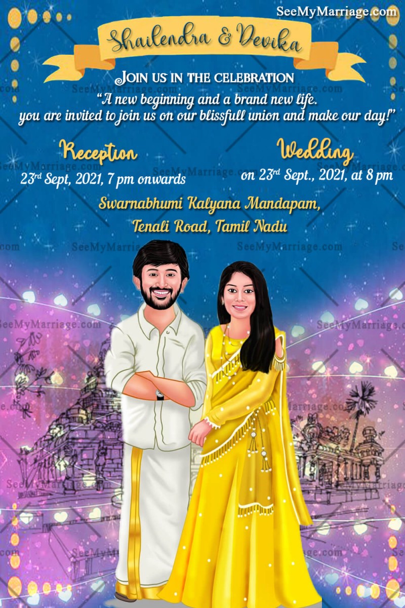 Creative Tamil Wedding Invitation, Caricature, Blue And Gold Theme ...