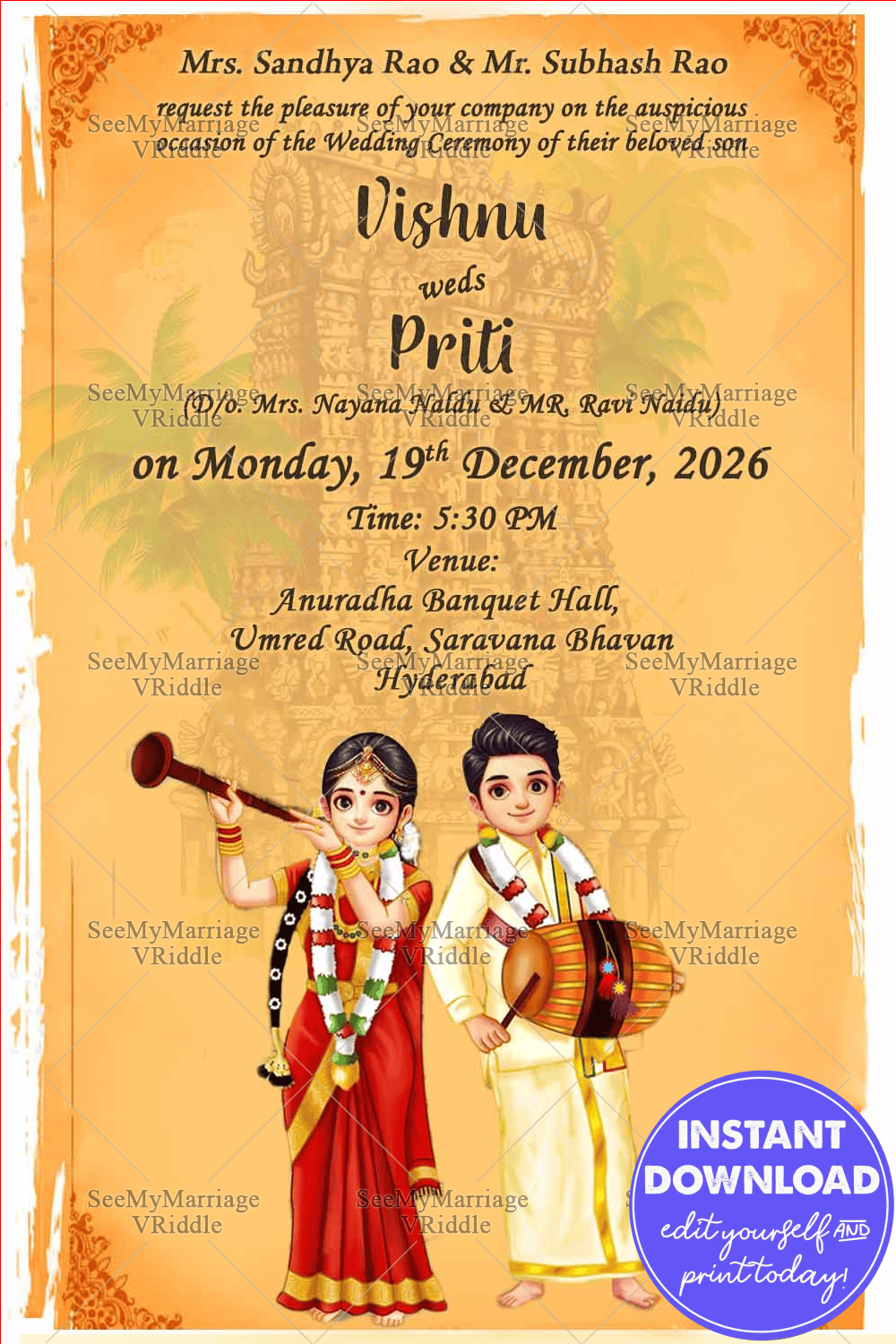 Temple Theme South Indian Wedding Caricature Card – SeeMyMarriage