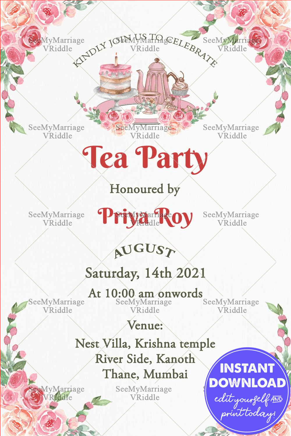 Formal Tea Party Invitation Card In Floral Theme With Teapot And Cups ...