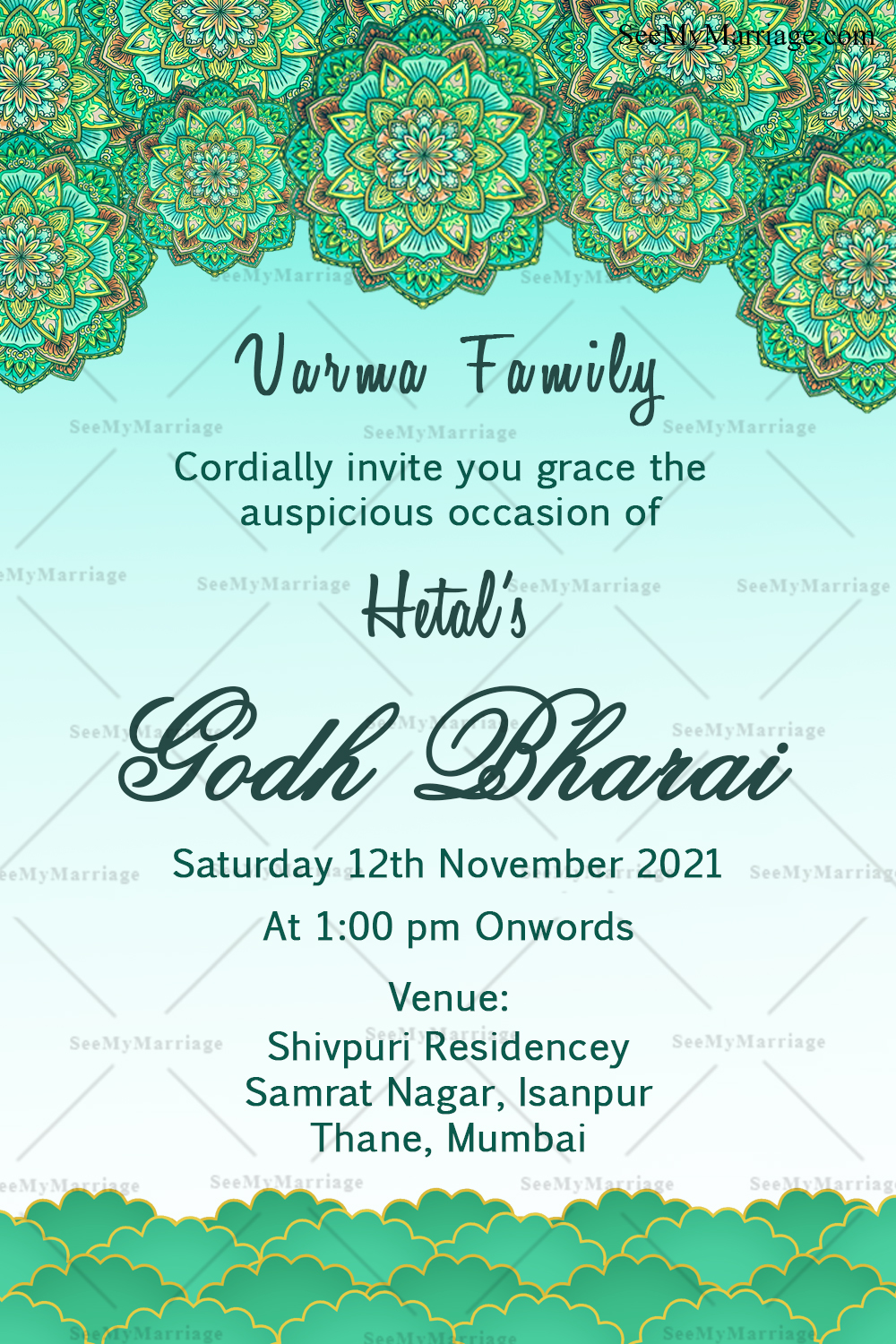 Light Mint Green Godh Bharai Invitation Card With Modern Mandala Design ...