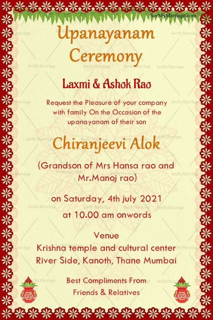 Red Floral Bordered Traditional Upanayanam Ceremony Invitation Card ...