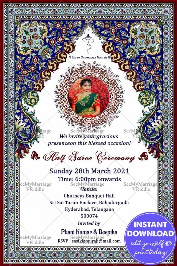 Half Saree Ceremony, Langa Voni, Saree Function Ceremony Invitations ...