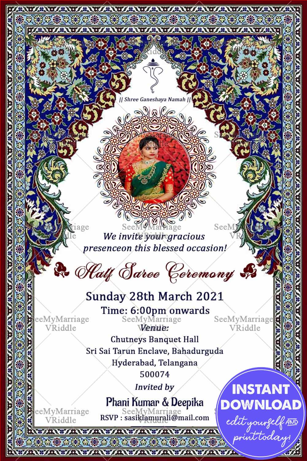 Royal Traditional Half Saree Function Invitation Card with Photo frame ...