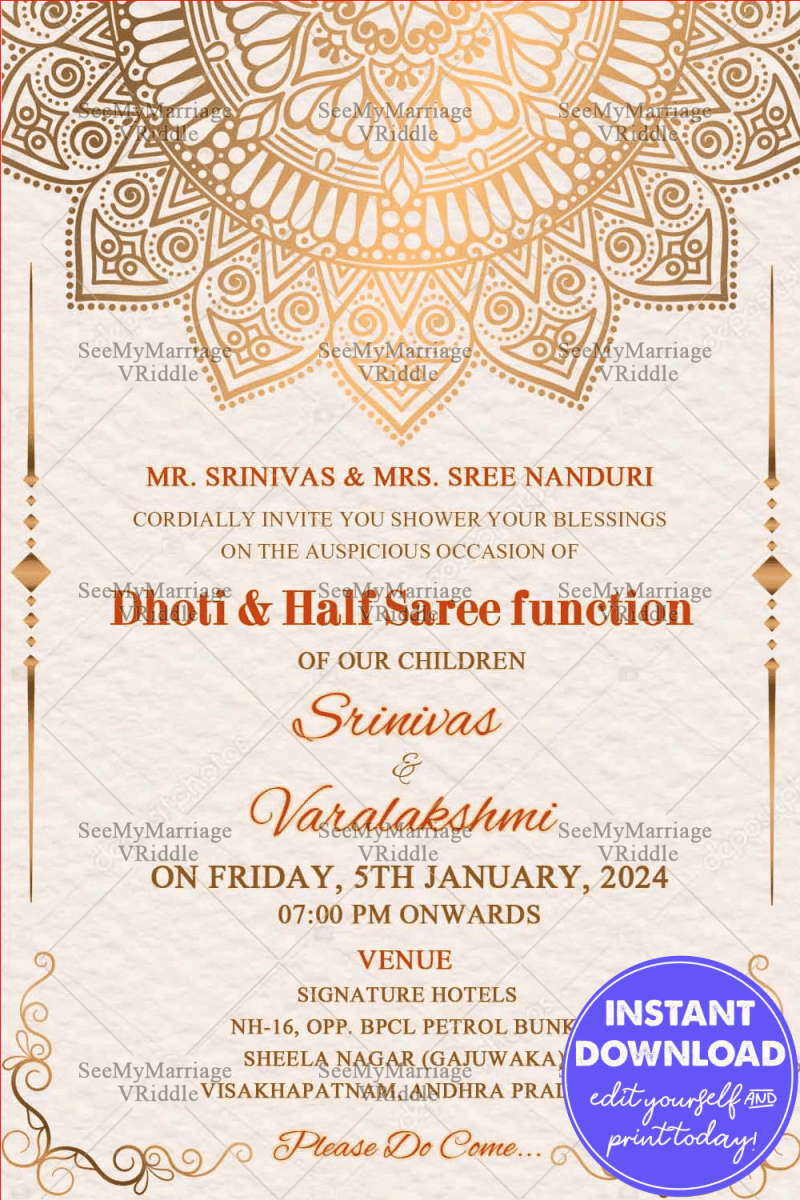 Create Dhoti Ceremony / Function, Pattu Panchala Function Invitation ...