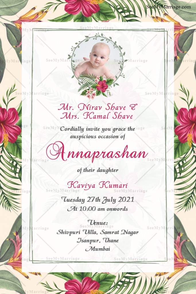 Tropical Flowers Annaprasana Invitation Card With Light Pink Theme ...