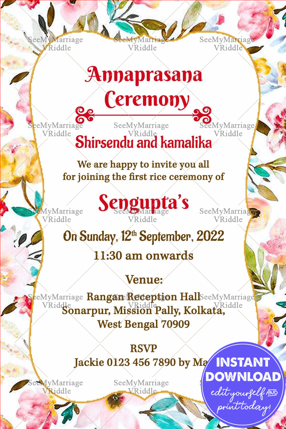 Annaprashan Invitation Card With Watercolour Floral Flowers Background ...