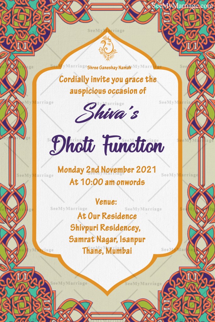 Elegant Celtic Ornament With Grey Theme Dhoti Function Invitation Card ...