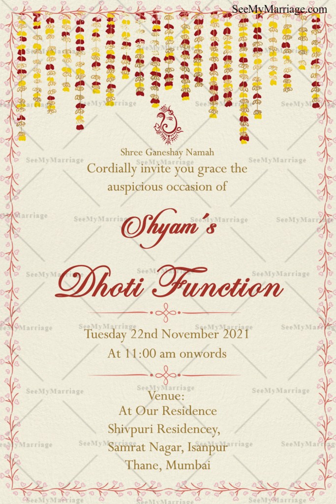 Traditional Cream Theme Dhoti Function Invitation Card With Hanging ...