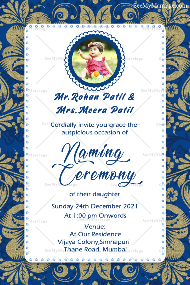 Golden Floral Naming Ceremony Invitation Card With Blue Theme ...
