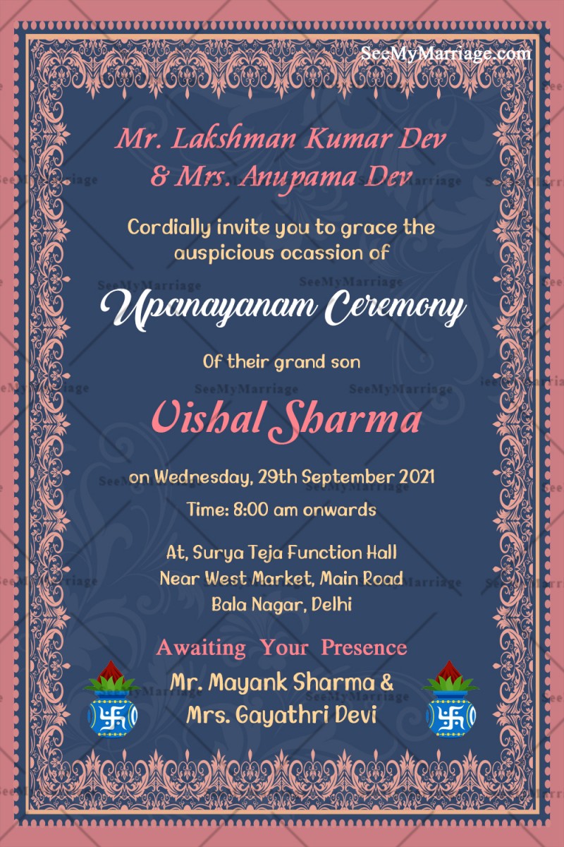 Traditional Upanayanam Ceremony Invitation Card In Navy Blue Theme With ...