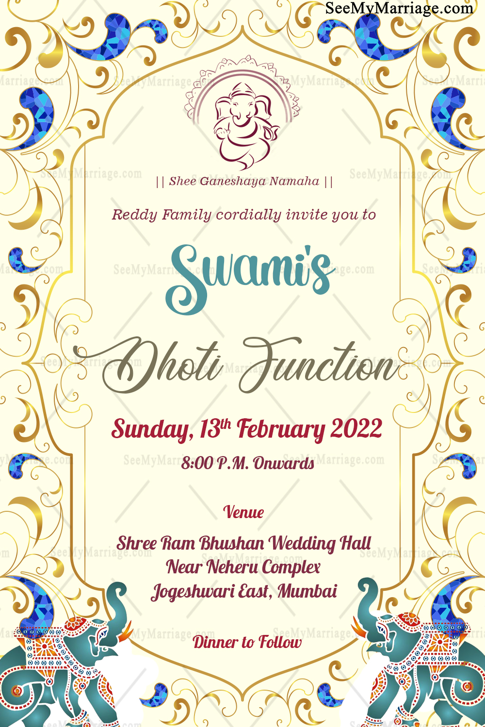 Royal Design Dhoti Function Invitation Card – SeeMyMarriage