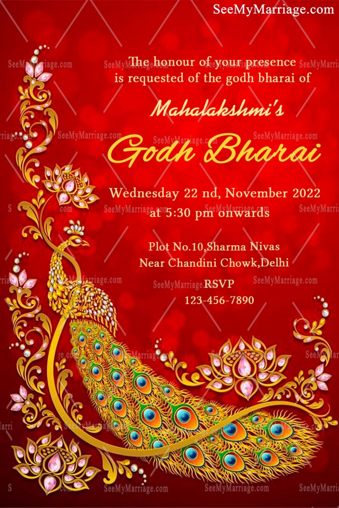 Royal Traditional Peacock and Red Theme Godh Bharai Invitation Card ...