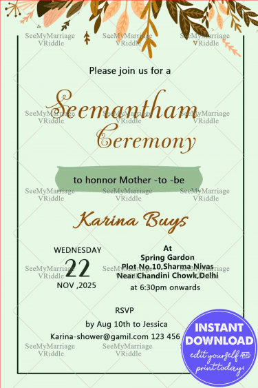 Seemantham Invitation Card With Light Green Leaves Theme – SeeMyMarriage