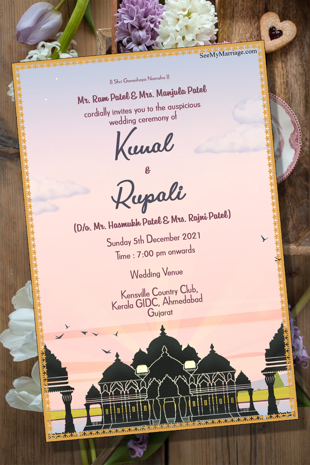 Temple And Sunset Gujrati Wedding Invitation With Golden Frame ...