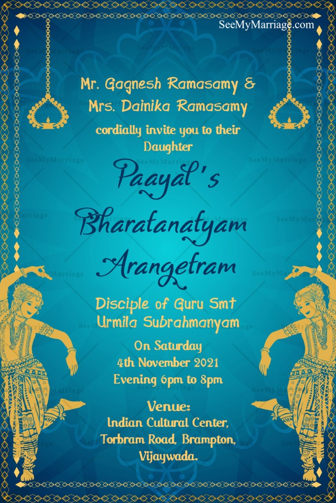 Hanging Diya And Golden Frame Arangetram Invitation Card With Blue ...