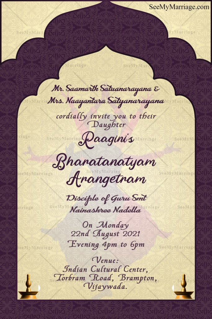 Arch Frame And Diya Arangetram Invitation Card With Burgundy Background ...