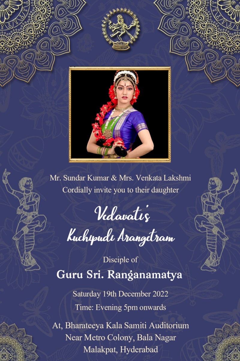 Blue Theme Golden Mandala Decorated Arangetram Invitation Card ...