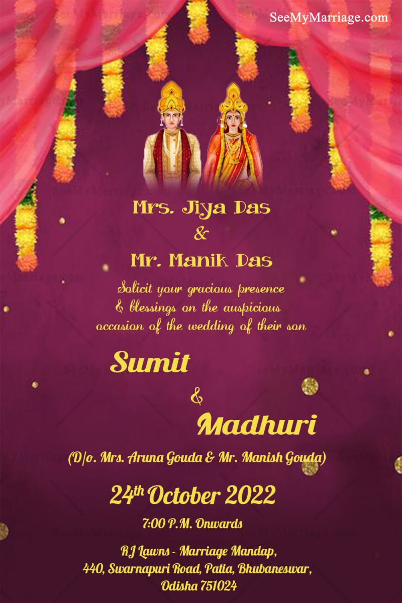 Decorative Curtain And Floral Toran Theme Odia Wedding Card – SeeMyMarriage