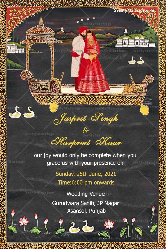 Golden Vintage Arch Theme Punjabi Wedding Invitation Card With Punjabi ...