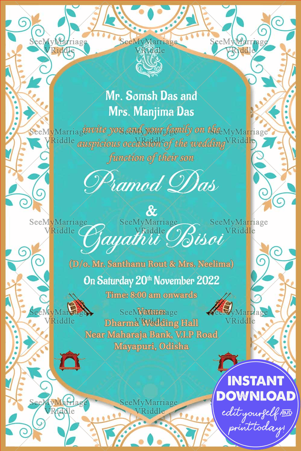 Golden Border Design Nepali Wedding Invitation With Navy Blue Theme