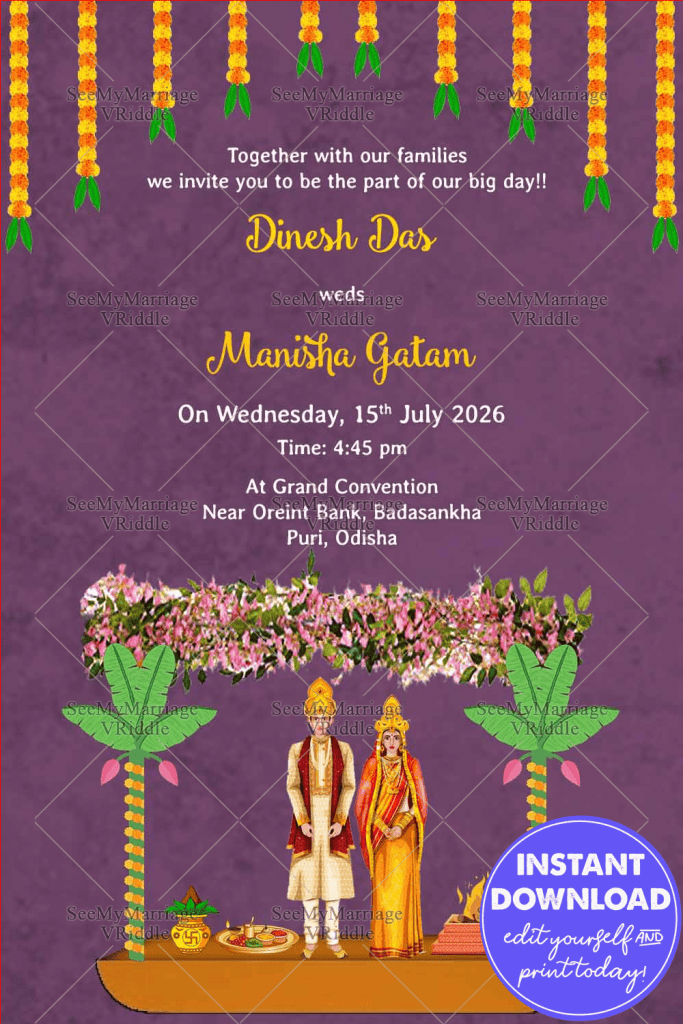 Violet Theme Odiya Wedding Invitation Card With Oriya Couple ...