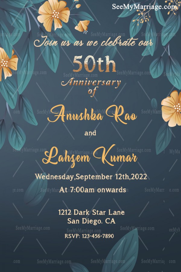 Simple Floral Leaves & Flowers Blue Theme Anniversary Invitation Card ...