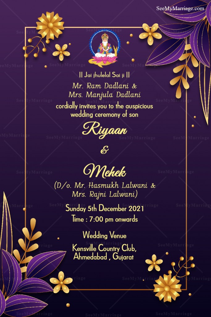 Golden Floral With Violet Background Theme Sindhi Wedding Invitation ...