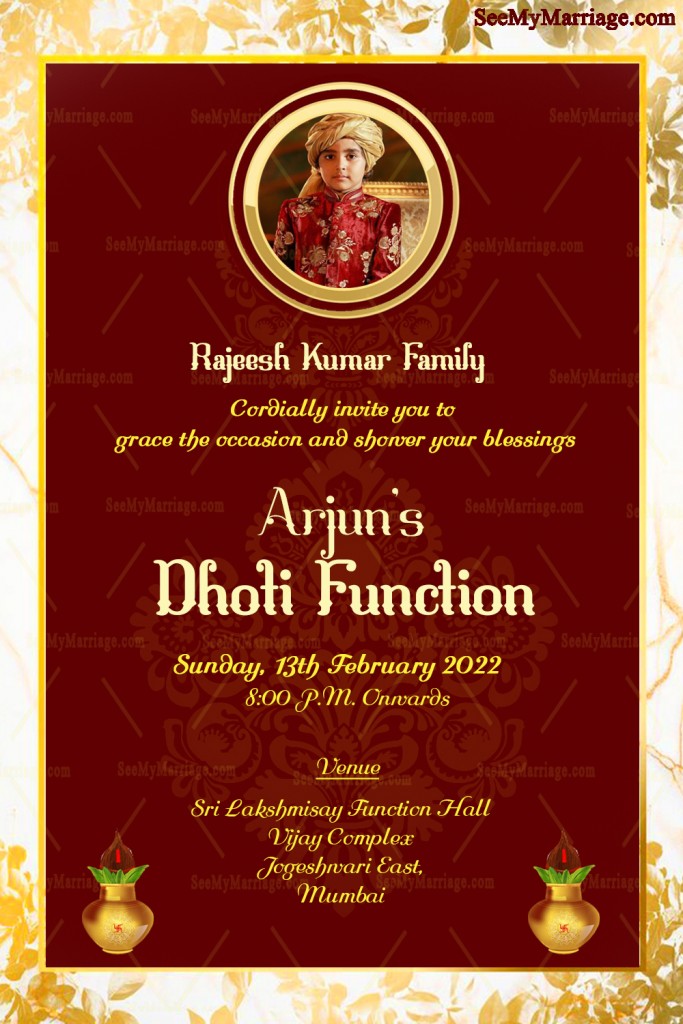 Traditional Dhoti Ceremony Invitation Card In Maroon Theme And ...