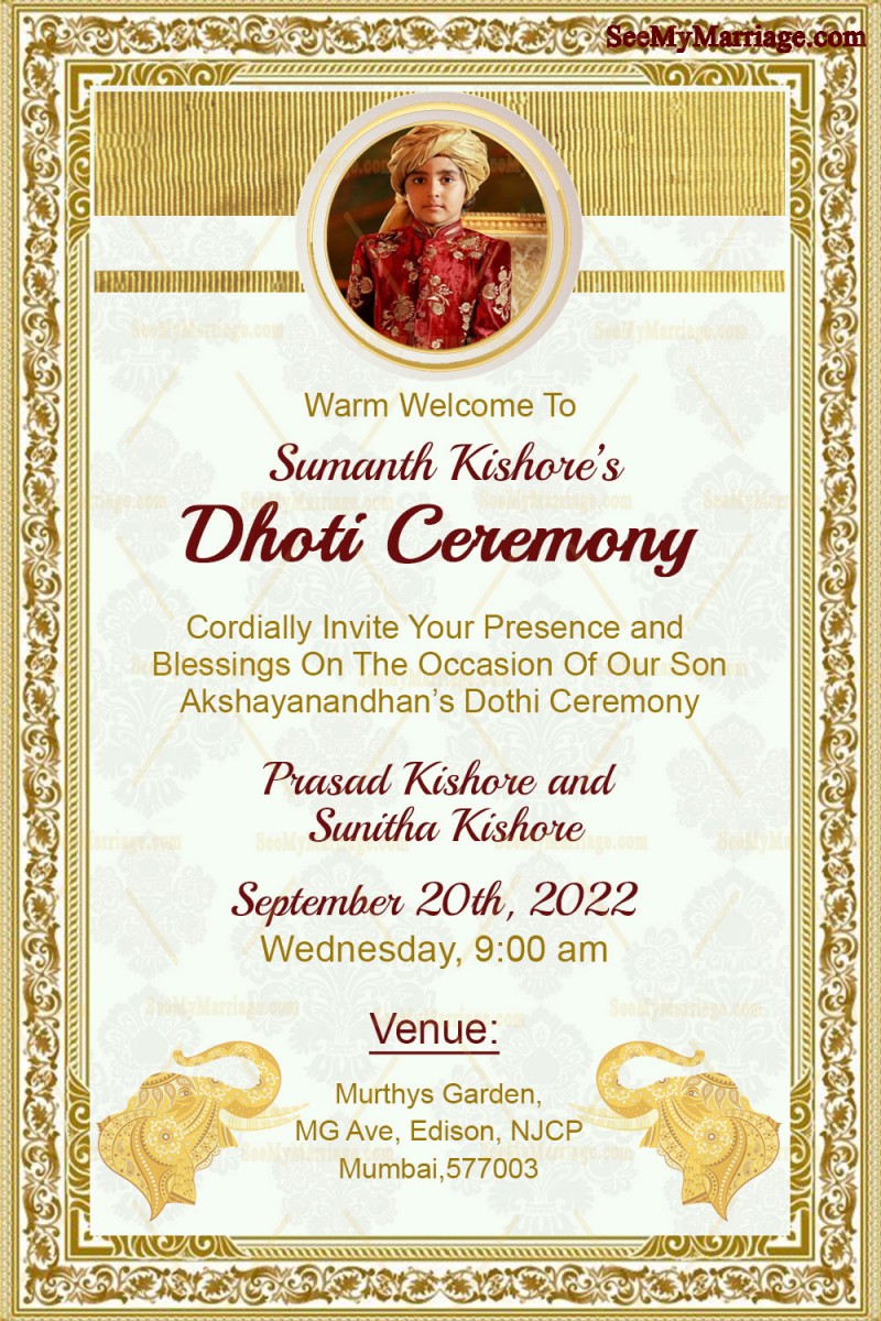 Traditional Dhoti Ceremony Invitation Card In Off White Theme And ...