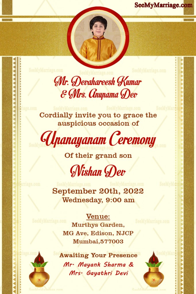 Traditional Upanayanam Ceremony Invitation Card In Off White Theme And ...