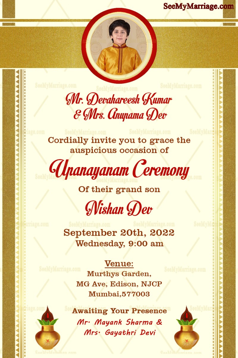 Traditional Upanayanam Ceremony Invitation Card In Off White Theme And ...