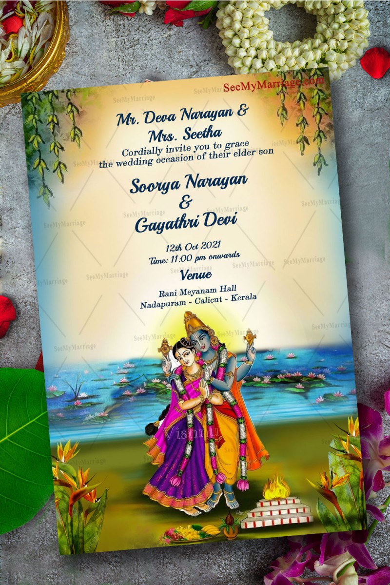 Traditional Radha Krishna Theme Wedding Invitation Card With Lake Water ...