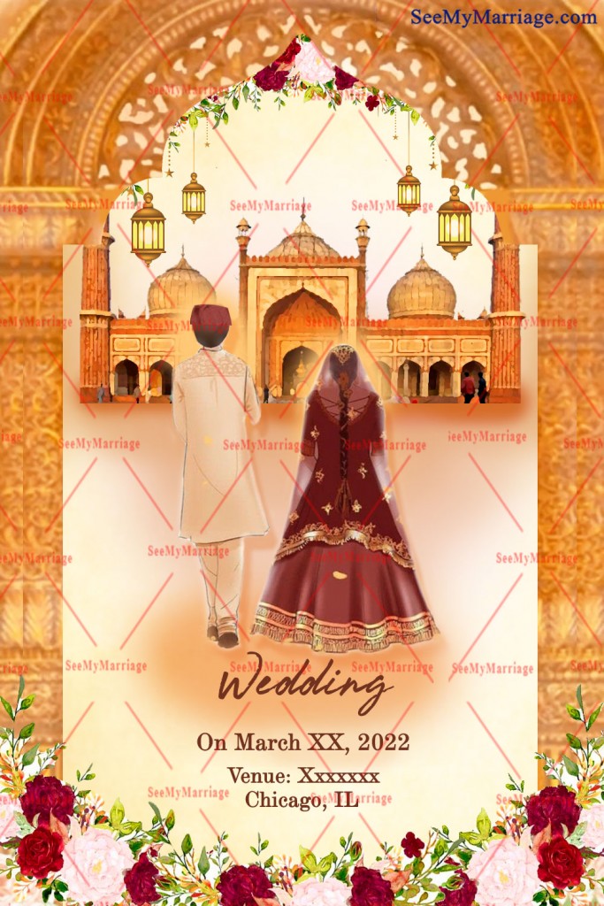 Muslim Style Wedding Invitation Card With Mahal Frame, Masjid, Hanging ...