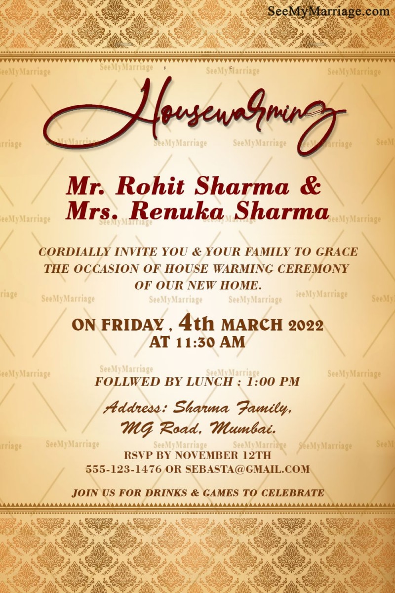 Light Cream Color Theme House Warming Invitation Card With Damask ...