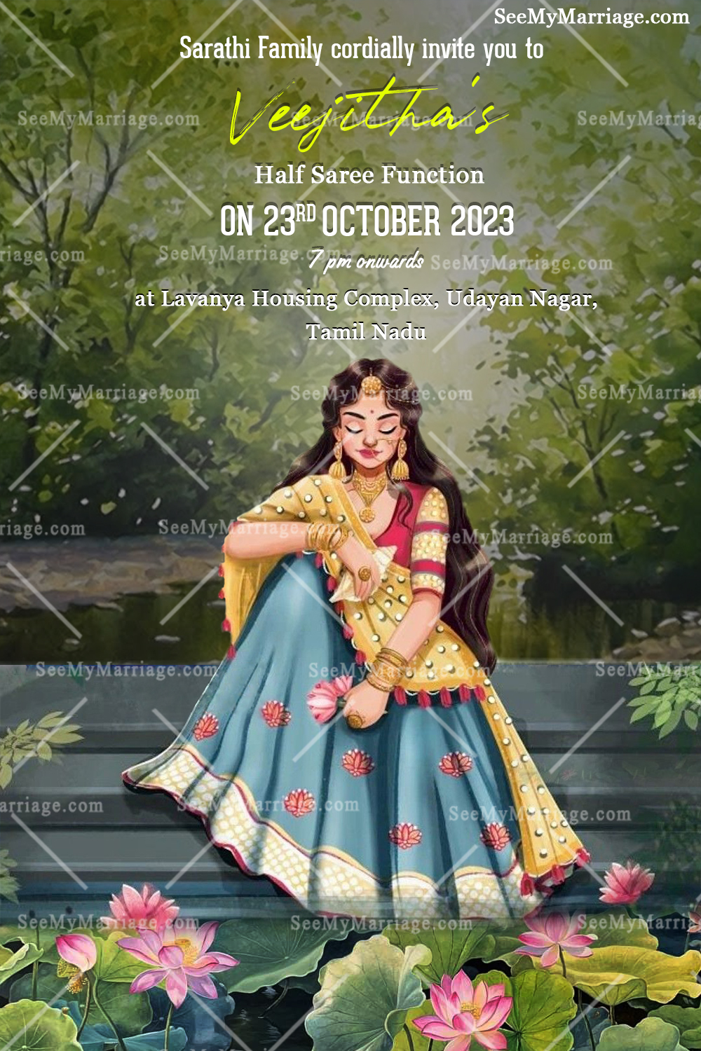 Hindu Royal Theme Half Saree function Invitation card – SeeMyMarriage