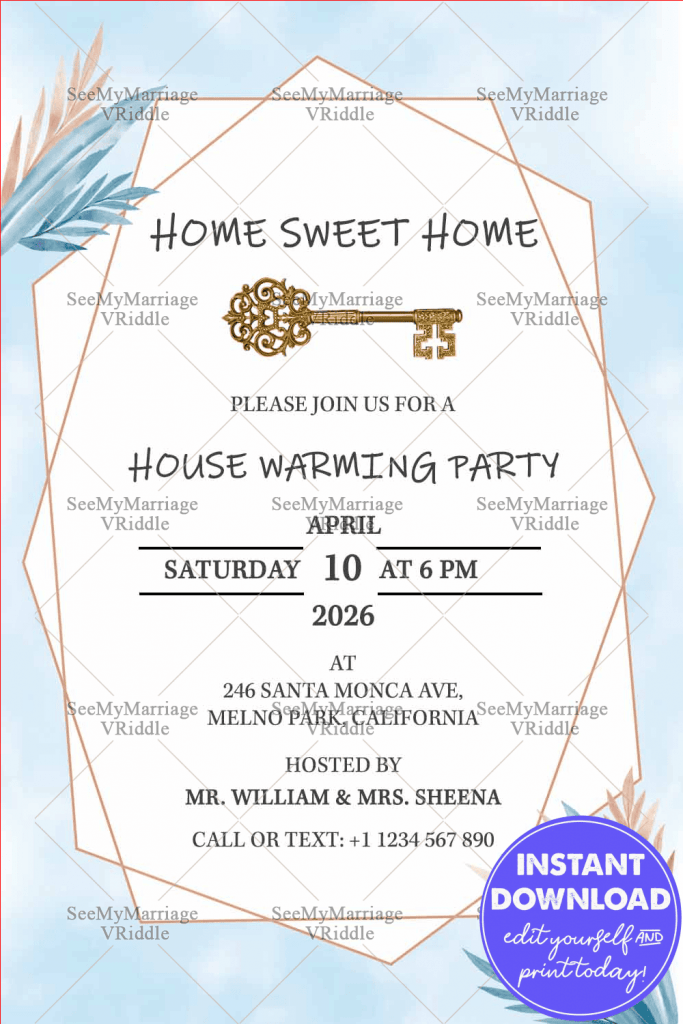 Powder Blue Coloured Watercolor Theme Invitation For House Warming ...