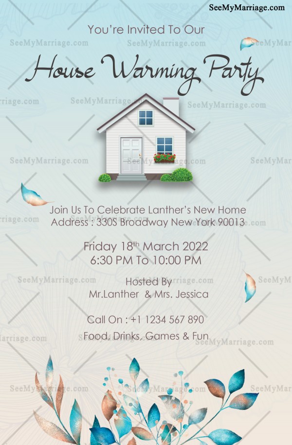 Blue Theme House Warming Invitation With A Cute Cottage And Unique Blue ...