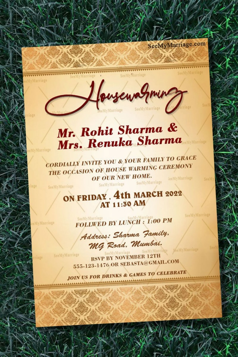 Light Cream Color Theme House Warming Invitation Card With Damask ...