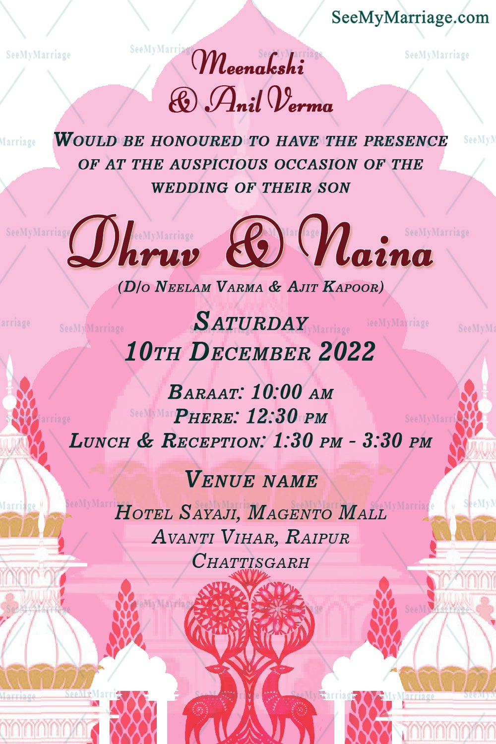 Traditional Raja Rani Theme Wedding Invitation Card With Palace In Pink ...