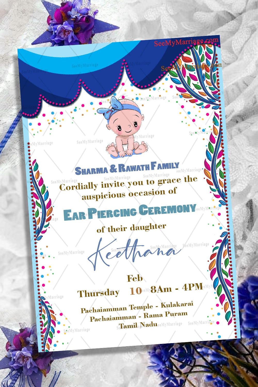 Joyous Blue Theme Ear Piercing Ceremony Invitation With A Climbing Vine ...