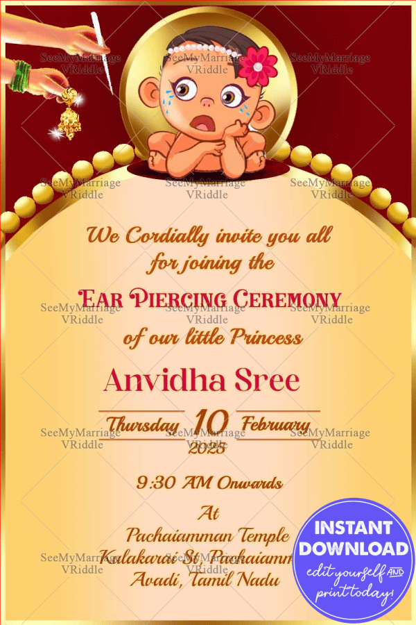Ear Piercing Ceremony Invitation Card Sporting A Cute Cartoon Baby With ...