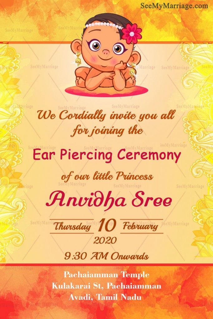 Yellow Oriental Design Ear Piercing Invitations With A smiling Baby ...