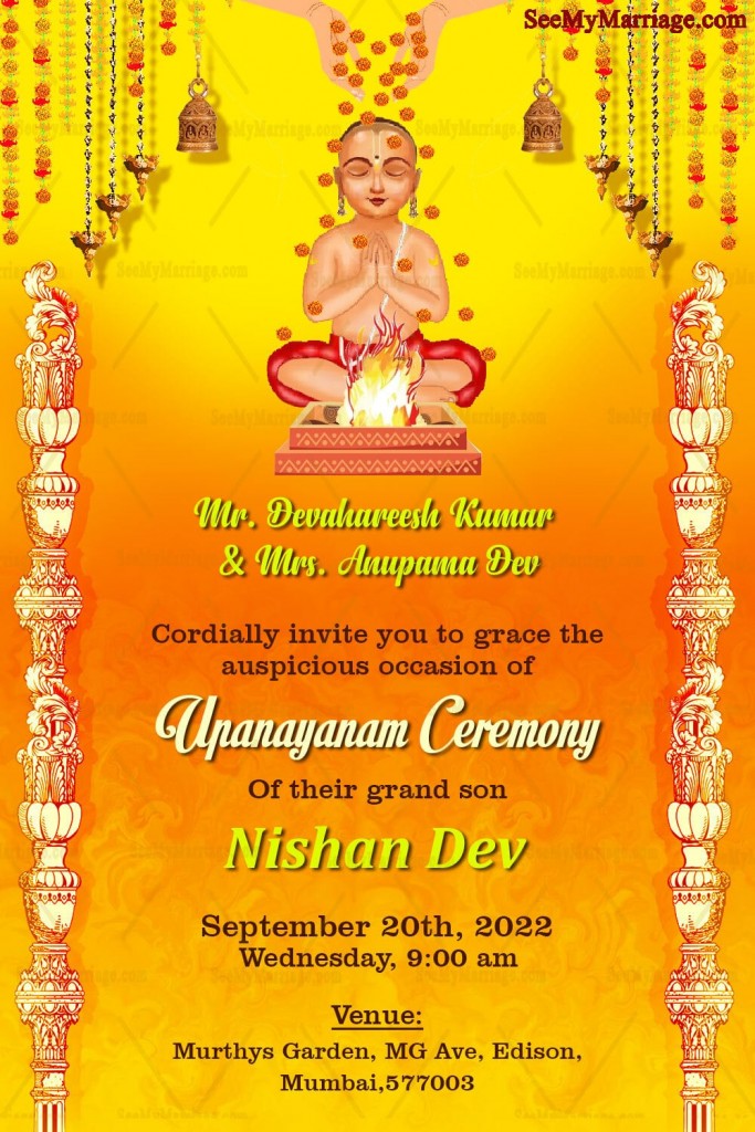 Orange Theme Invitation Card For Upanayanam Ceremony With Hanging Bells ...