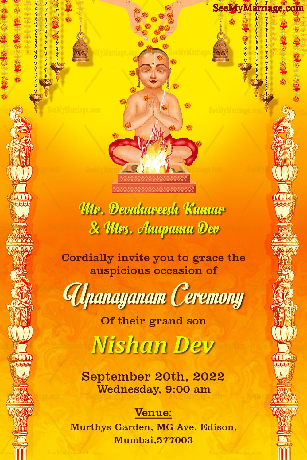 Orange Theme Invitation Card For Upanayanam Ceremony With Hanging Bells ...