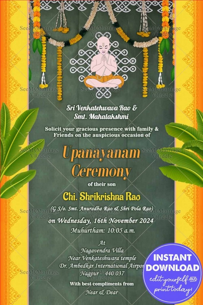 Family theme Red Upanayanam Invitation in a cream background with ...