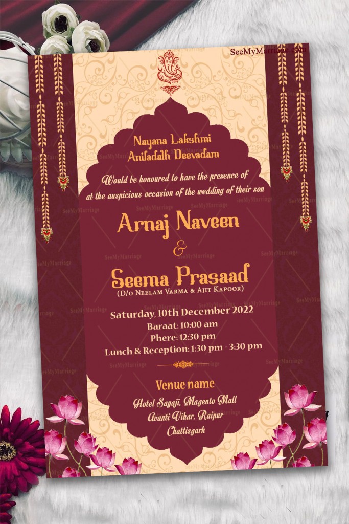 Traditional Cream And Maroon Theme Wedding Invitation Card With Hanging ...