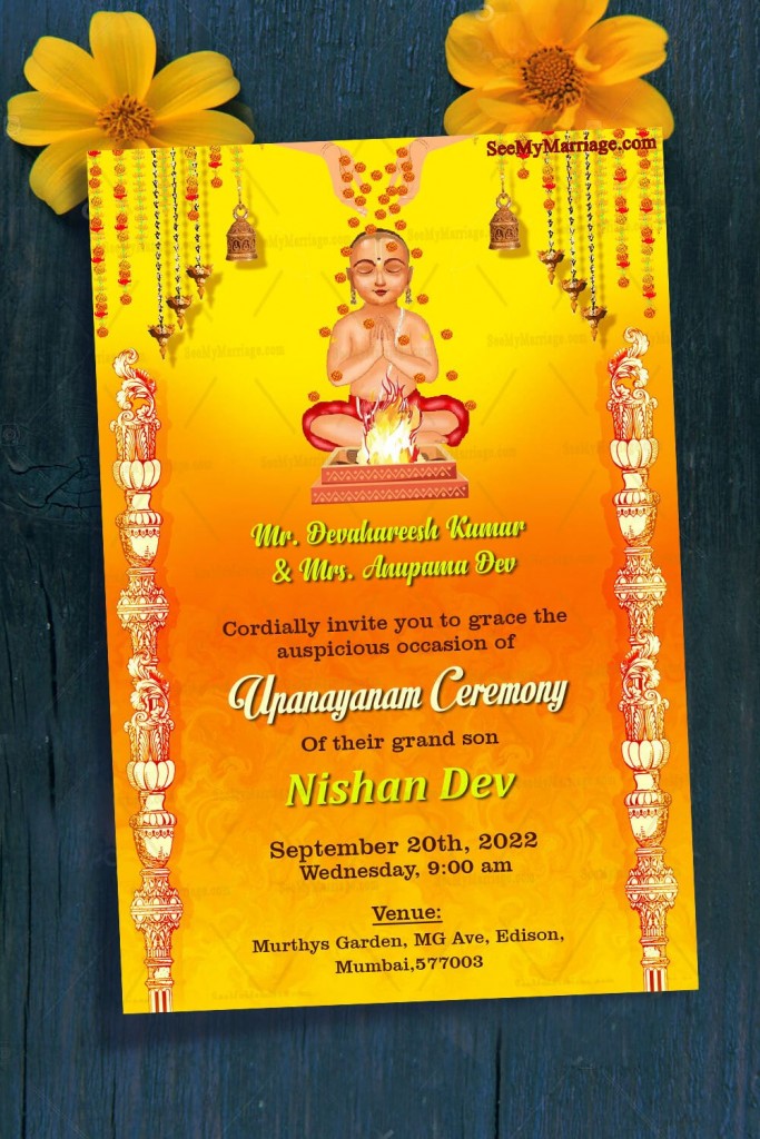 Orange Theme Invitation Card For Upanayanam Ceremony With Hanging Bells ...