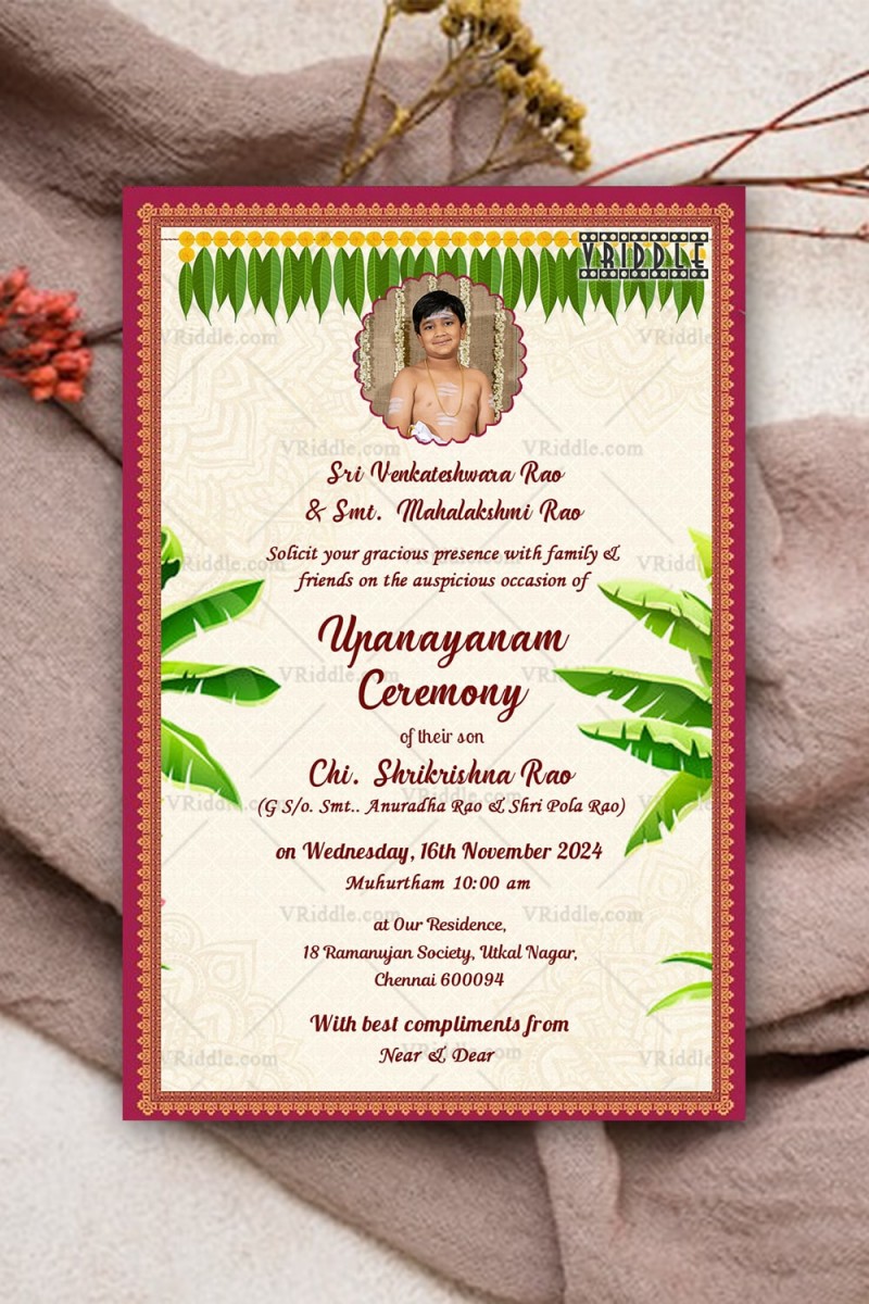A Traditional Red And White Upanayanam Invitation Card With Gold Border ...