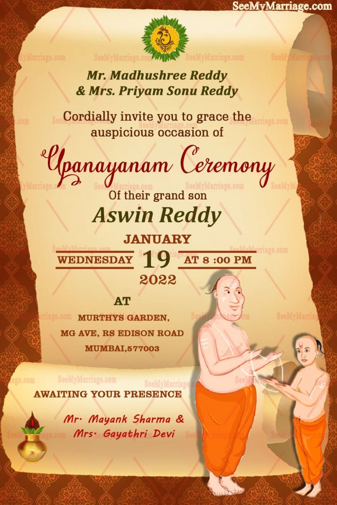 A Scroll Style Invitation Card For Upanayanam Ceremony With Cartoon Of ...