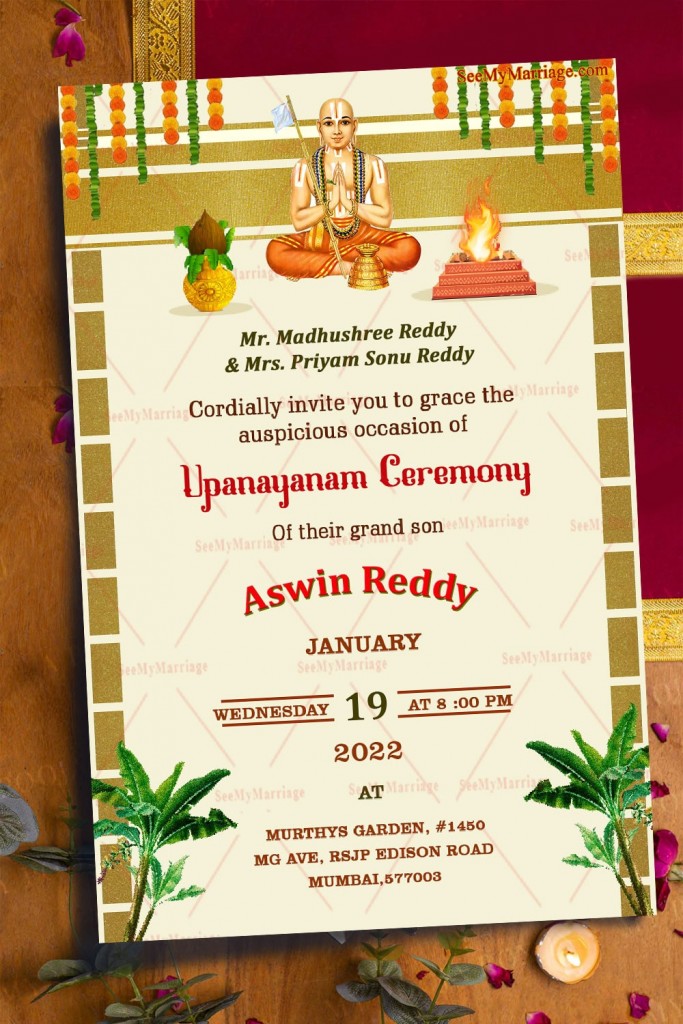 A Traditional Gold Off White Theme Upanayanam Invitation Card With ...
